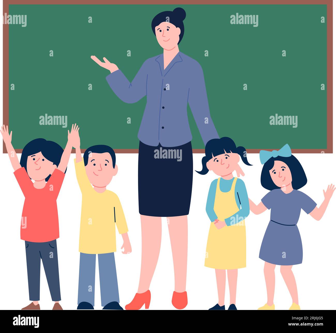 Teacher and little preschool children stand at chalkboard. Happy ...