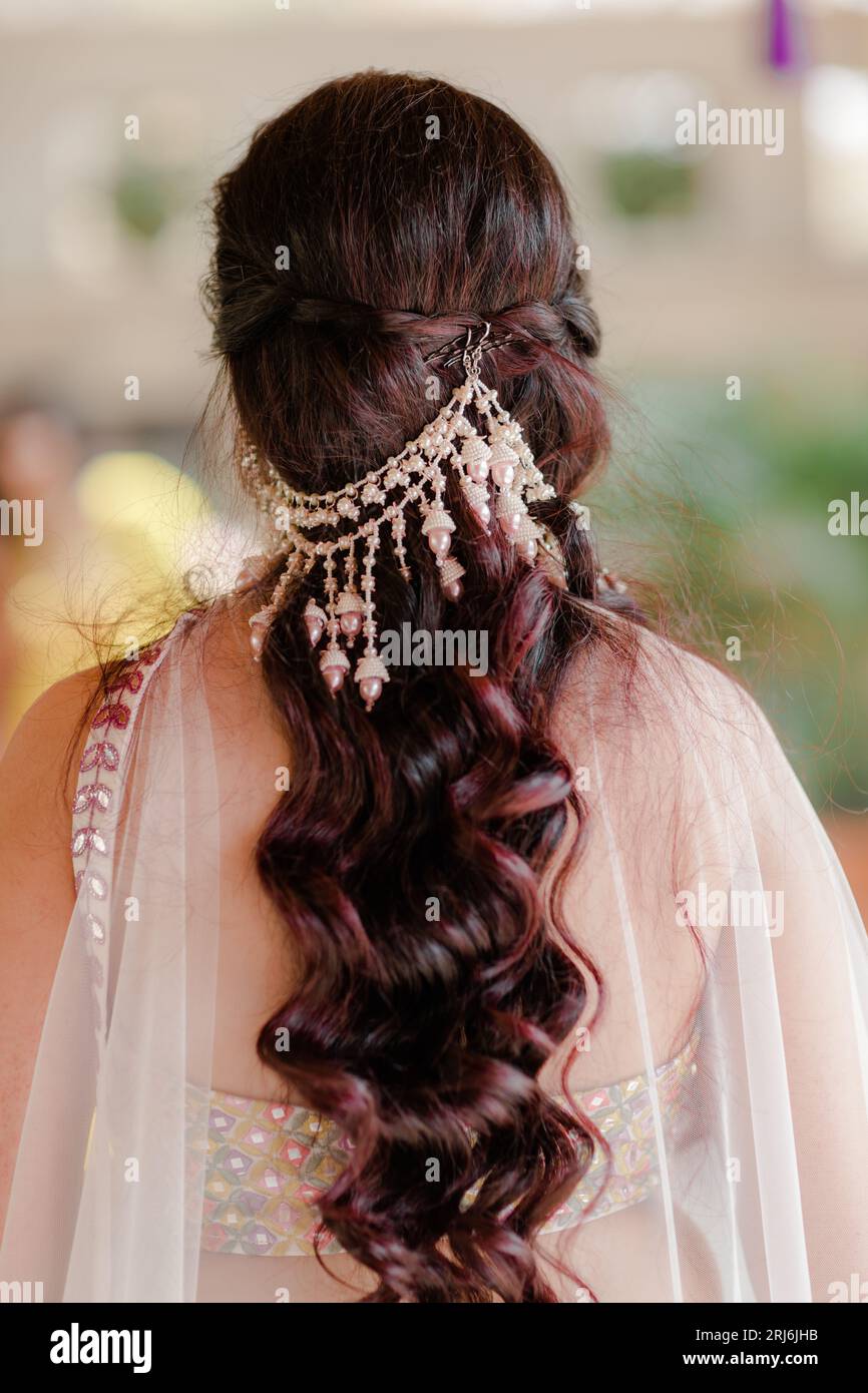 A back view of a woman's head showing her tied up beautiful long hair ...