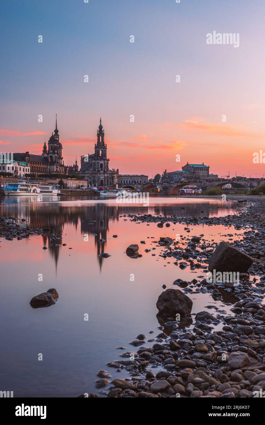 Old town of Dresden at sunset reflected in the Elbe river Stock Photo ...