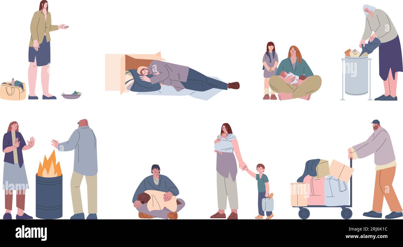 Homeless adult people, poor women and men. Poverty, unemployed and ...