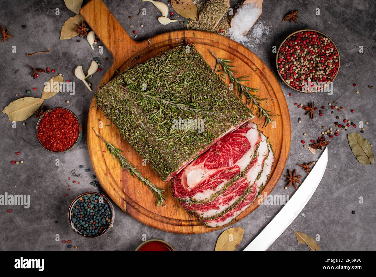 Fresh entrecote beef steak. Raw ribeye beef steak on dark background ...