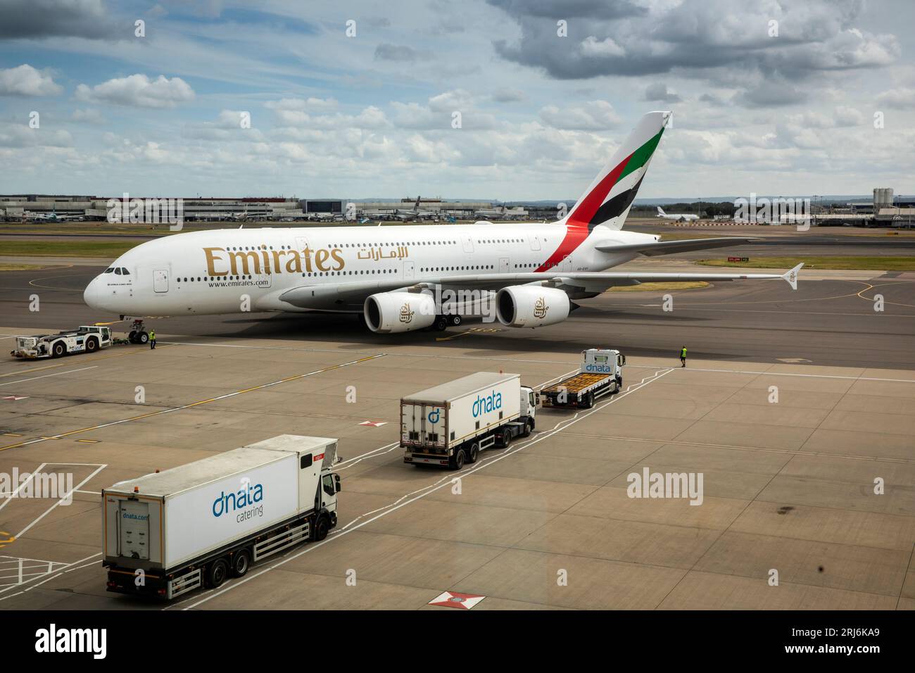 UK, England, London Heathrow Airport, departing Emirates A380 being ...