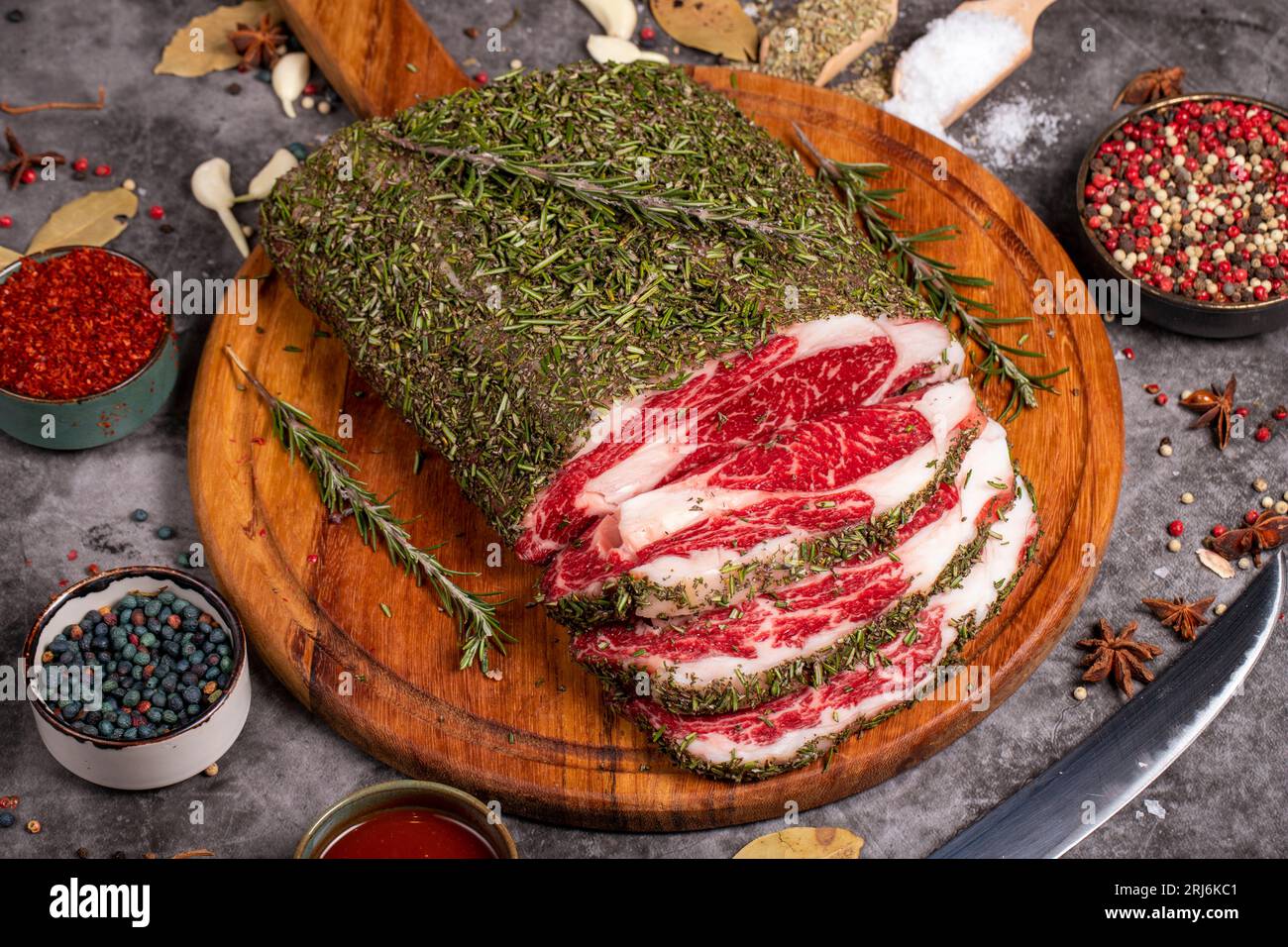 Fresh entrecote beef steak. Raw ribeye beef steak on dark background ...