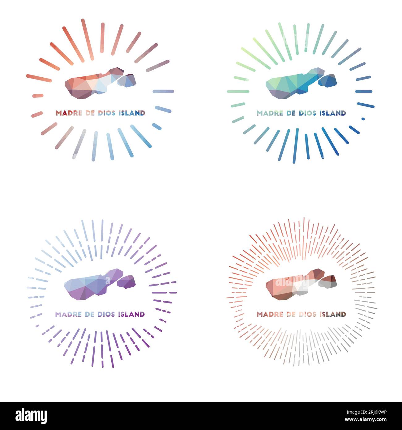 Madre de Dios Island low poly sunburst set. Logo of island in geometric ...
