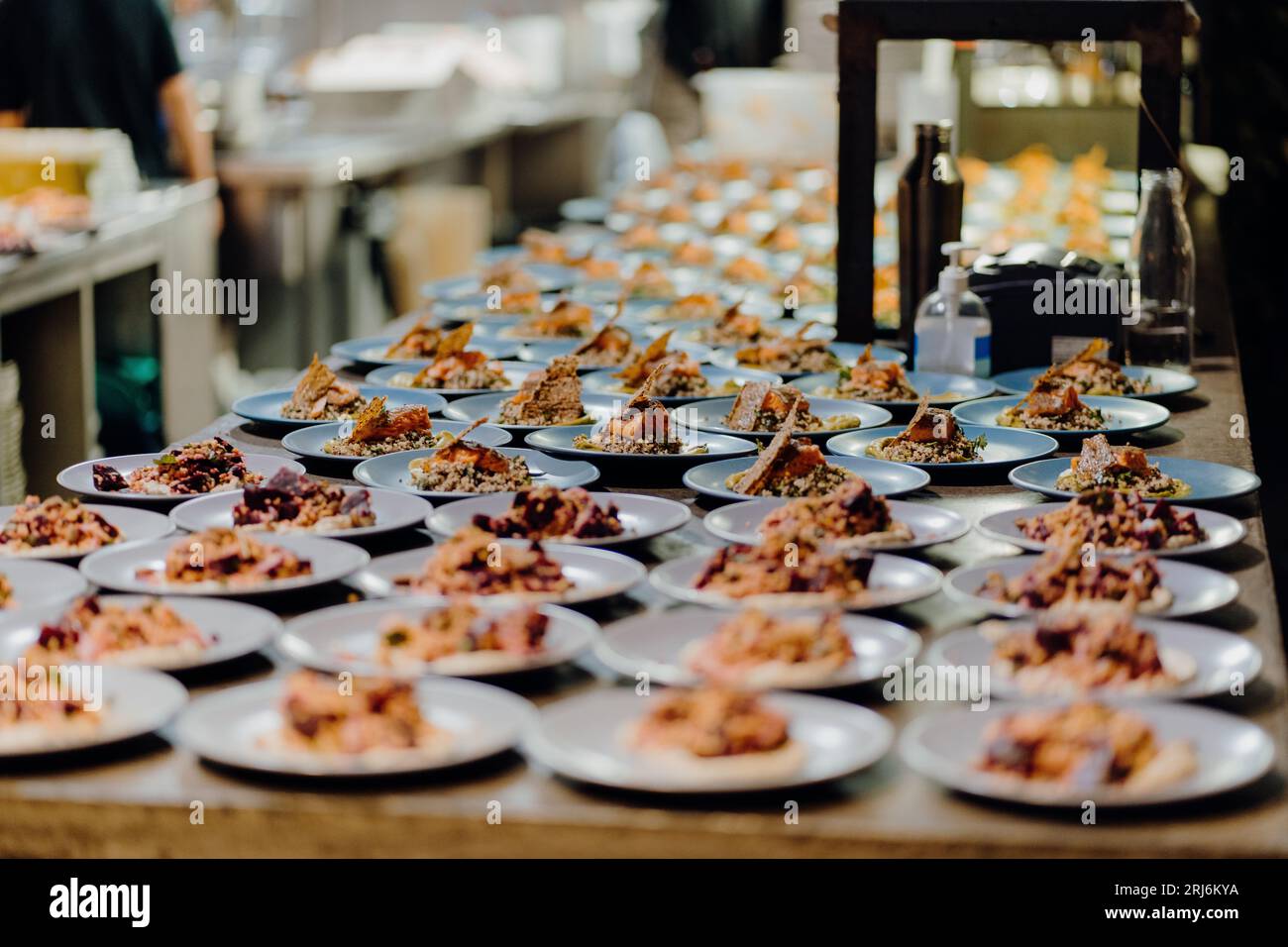 A line of freshly prepared entrees waiting to be served on a buffet ...