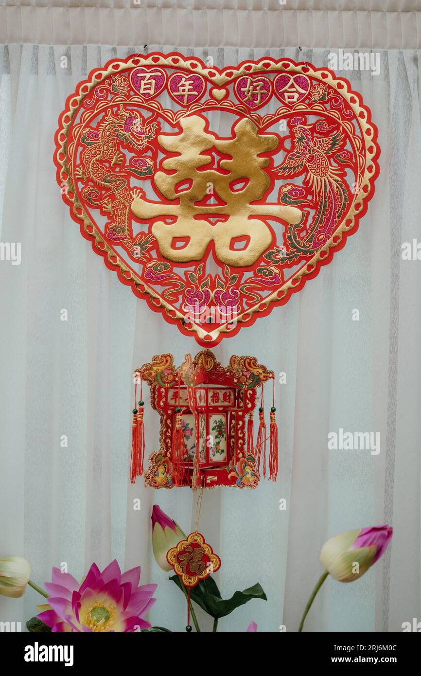 A decorative table featuring traditional Chinese tea ceremony elements ...