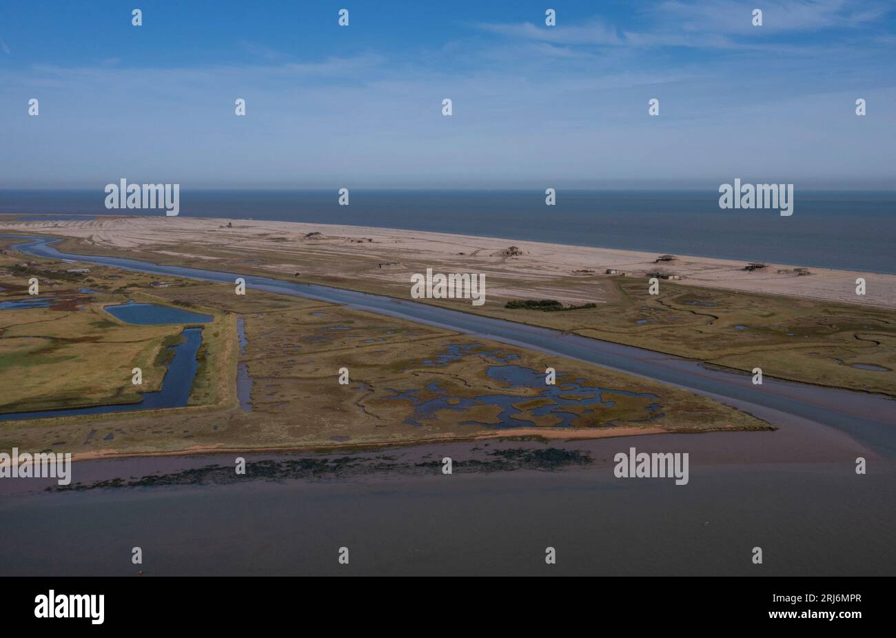 drone view of Orfordness, salt marsh, "island odf Secrets" bird ...