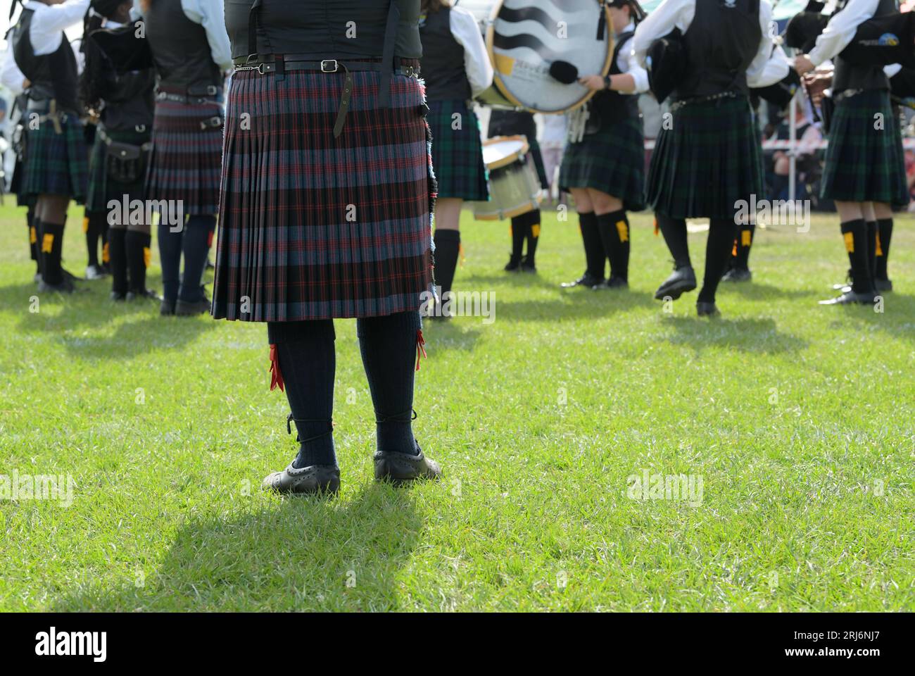 Rear view, adult man wearing tartan kilt at Scottish music competition ...