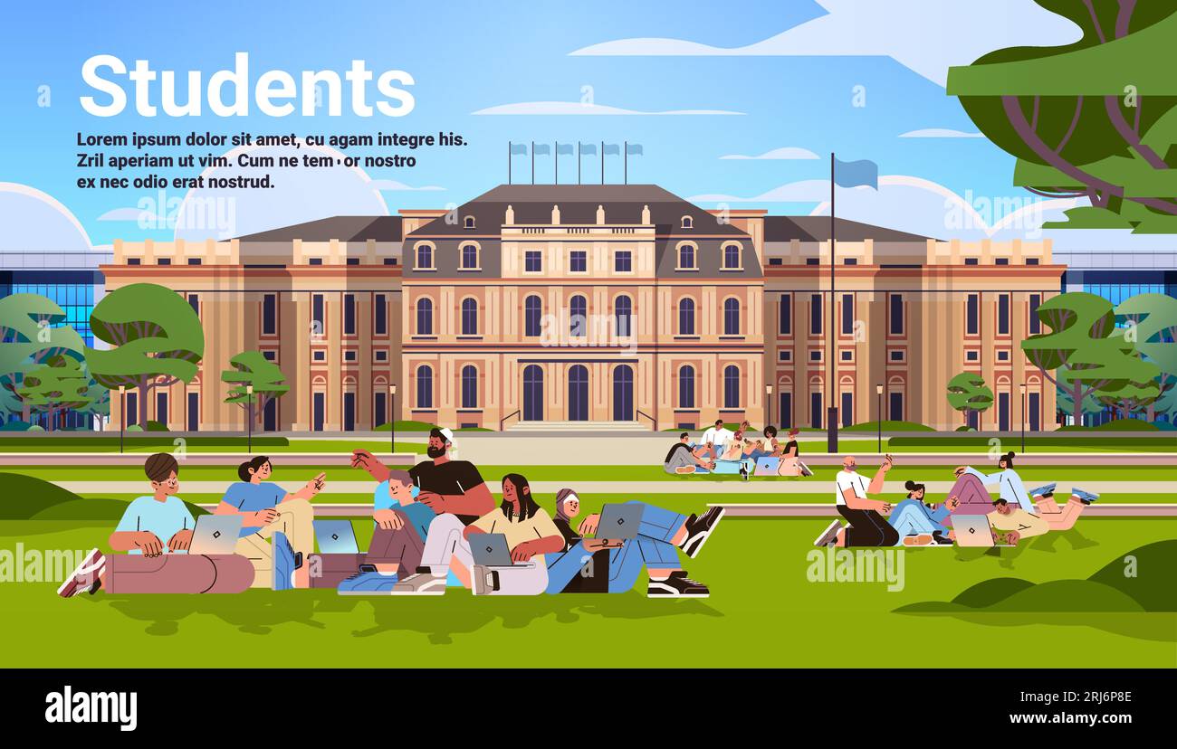 mix race students group using laptops at campus yard education concept ...