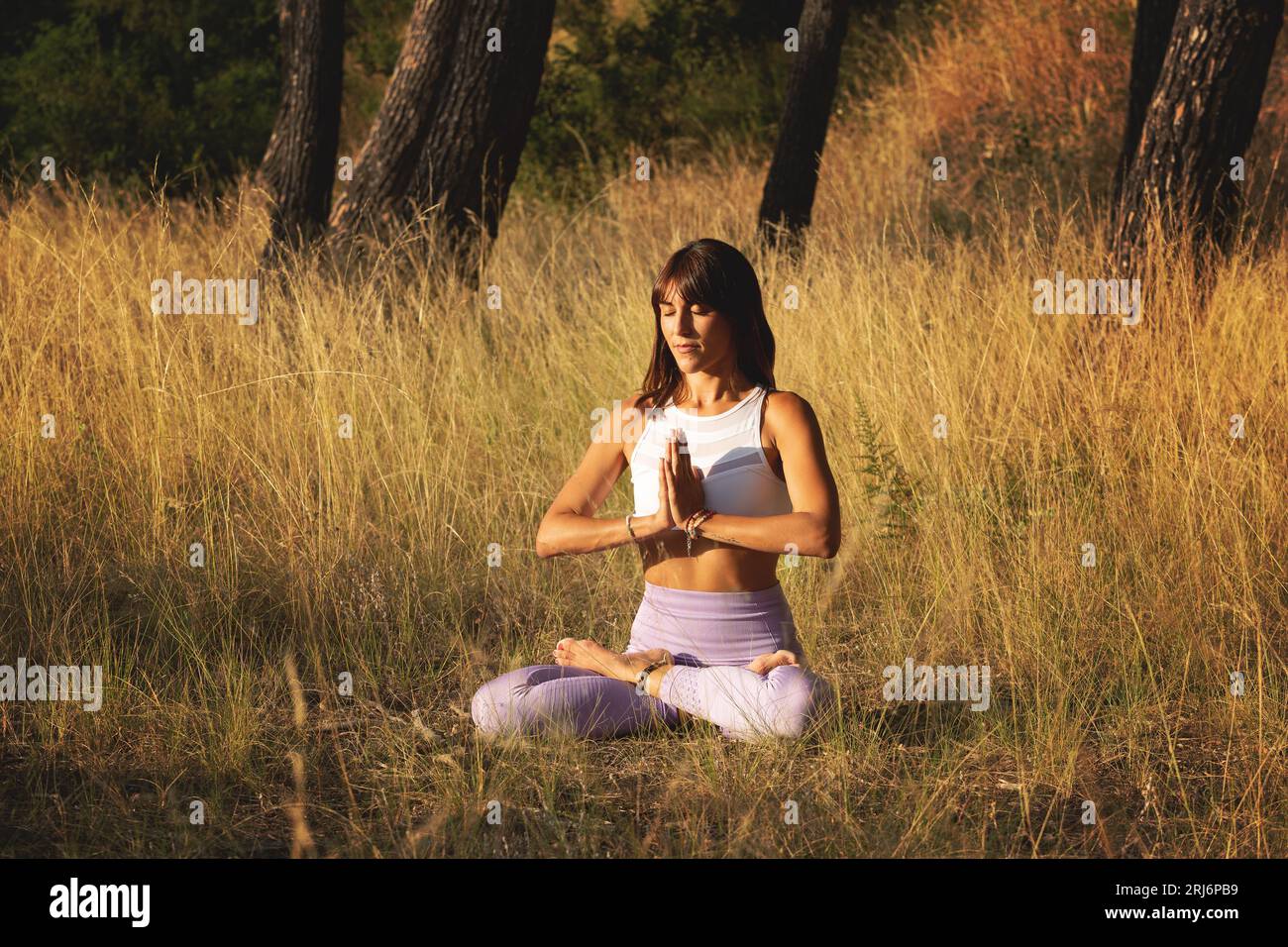 A woman performing yoga poses in a field of tall grass Stock Photo - Alamy