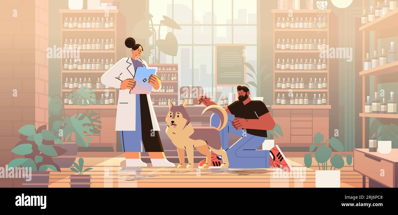 pet owner visiting veterinarian doctor checking up dog health medicine ...