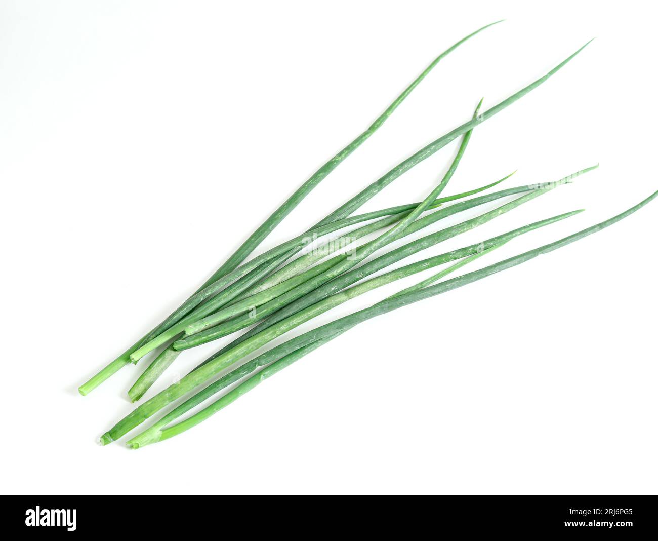 A shot of green onions, lying on a white surface with their vibrant ...