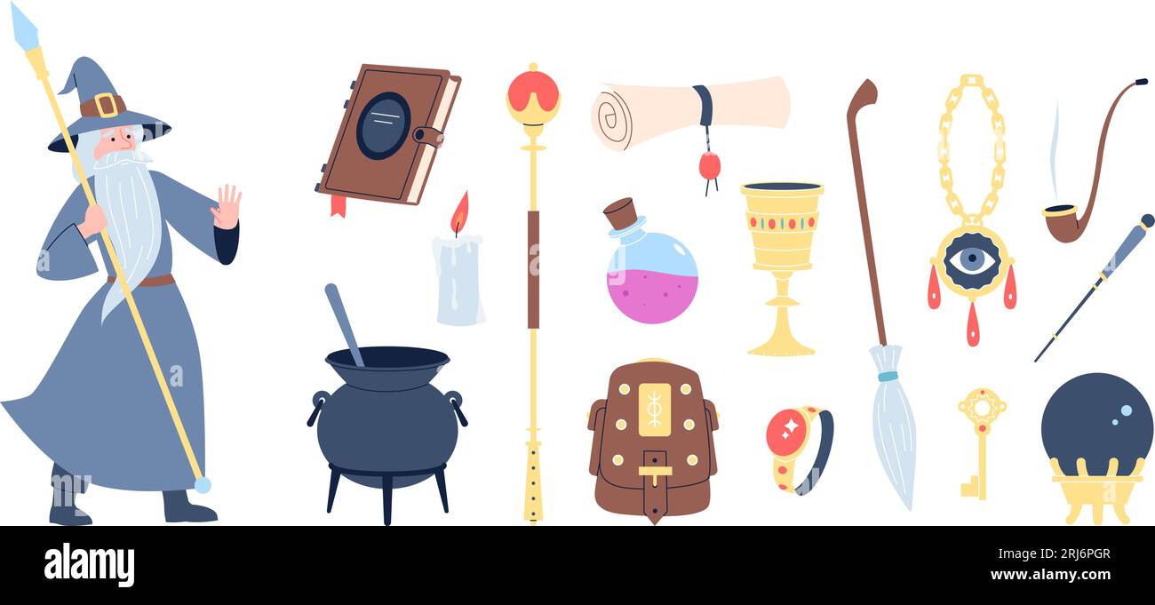Wizard magic tools, wise old man in costume. Magical book, poison ...