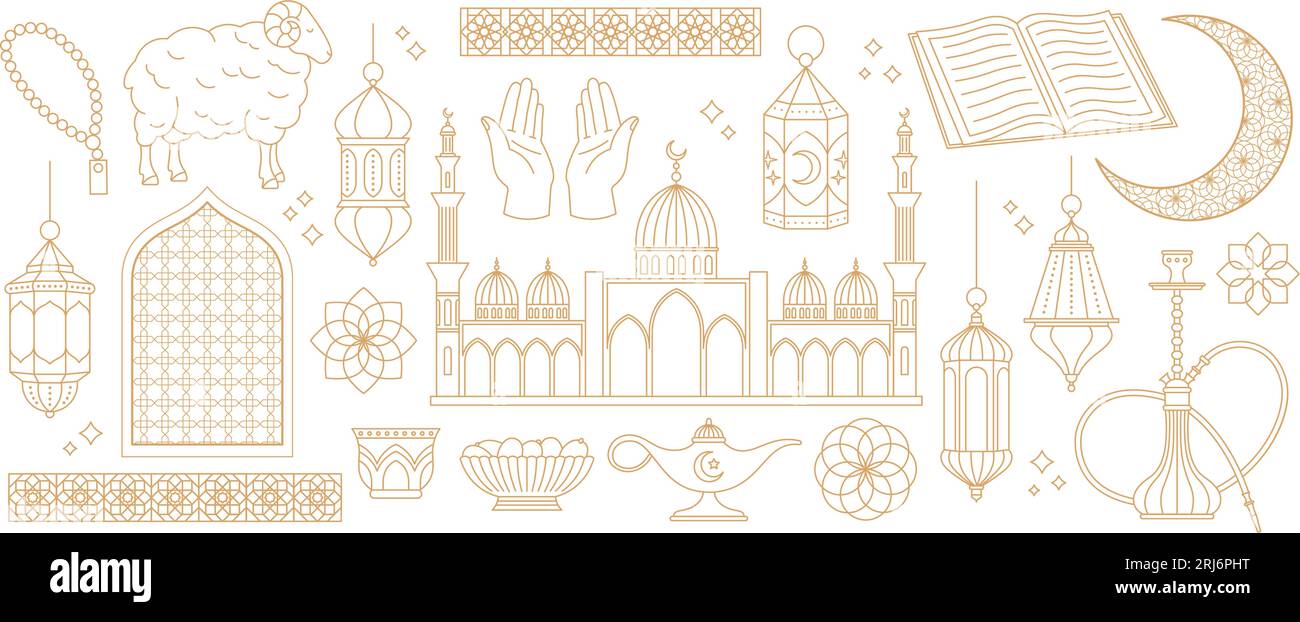 Traditional arabic symbols, golden line lantern and ornate borders ...
