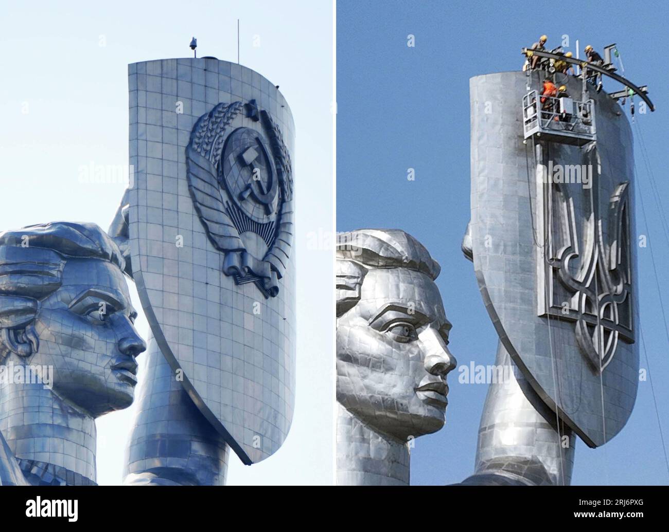 Combined photo shows the Motherland Monument in Kyiv, with the Soviet ...