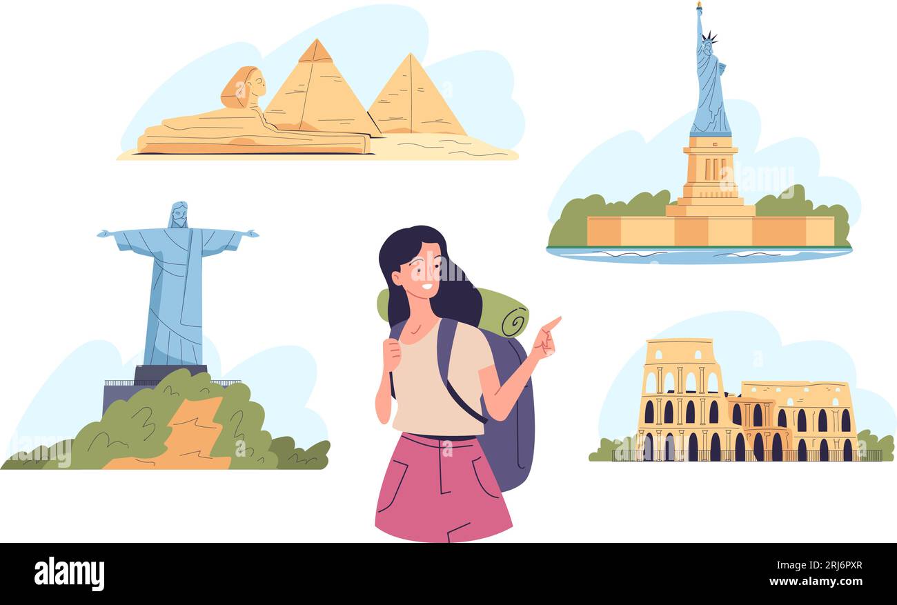 Girl sightseeing. Tourist woman with backpack planning travel visit on ...