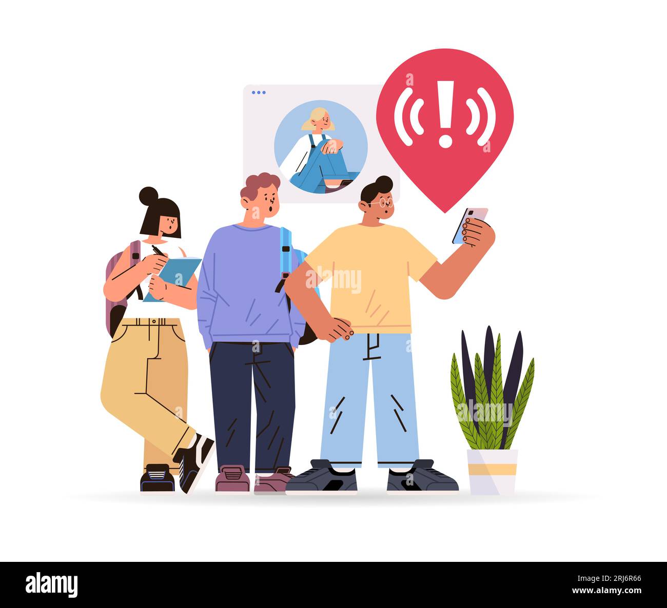 people using smartphone with exclamation alarm caution warning ...