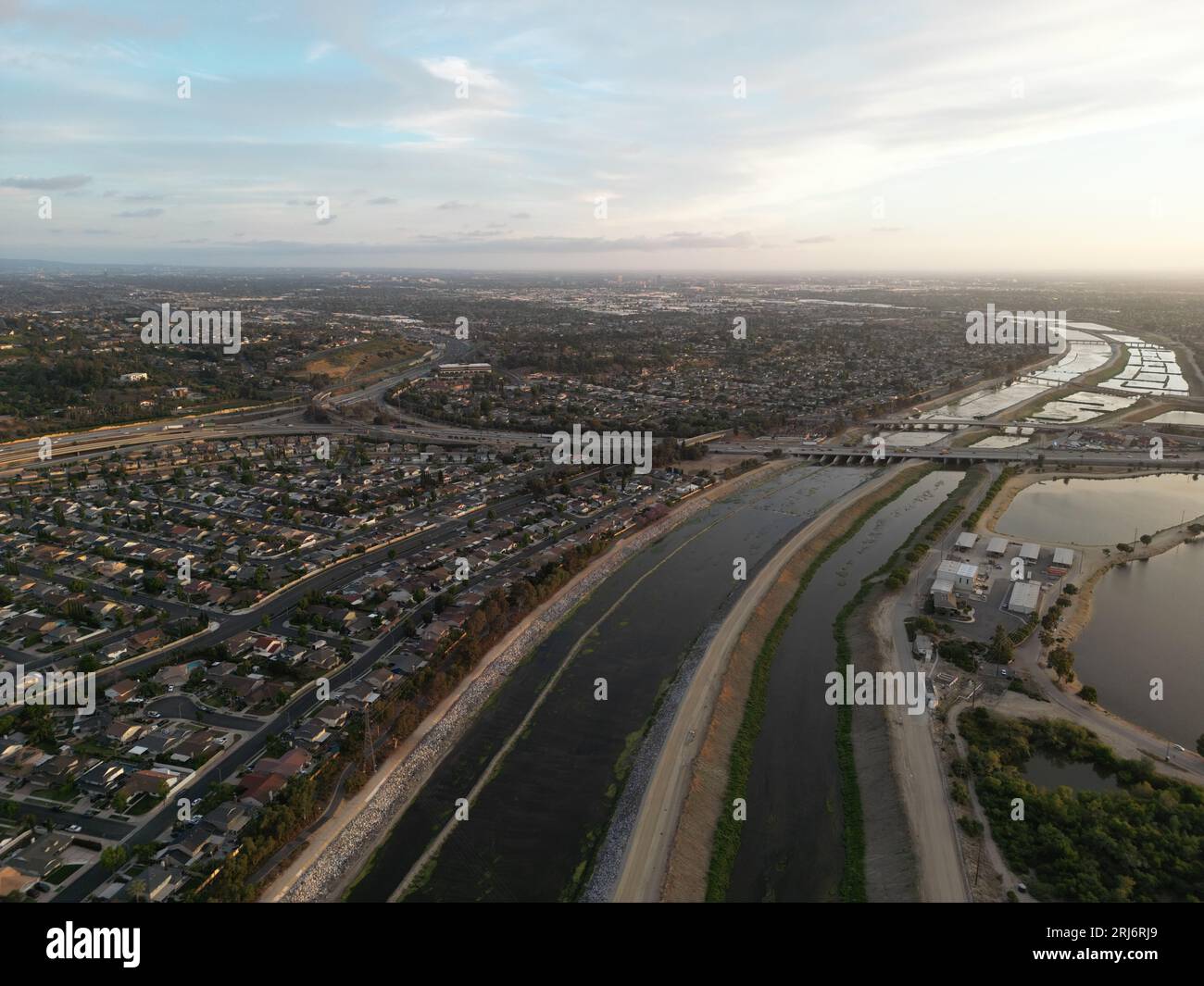 An aerial view of Anaheim Hills, California, with the Santa Ana River ...