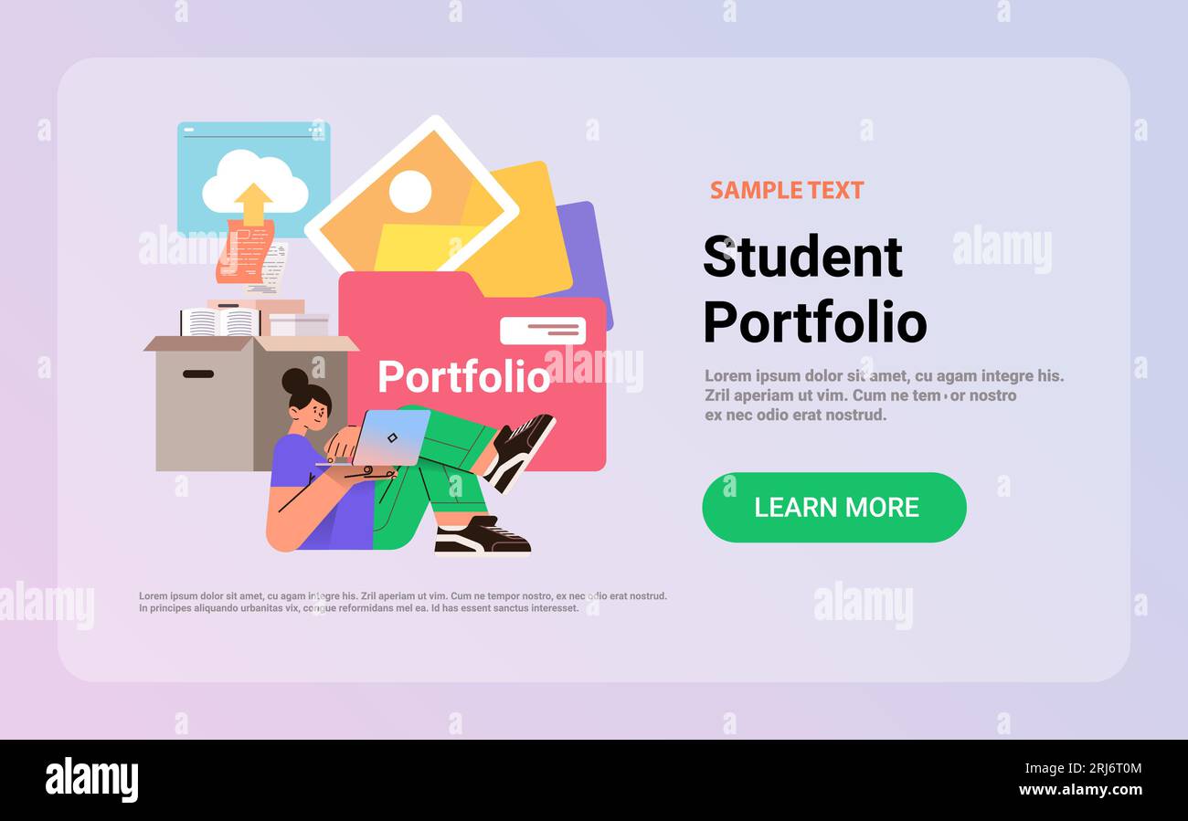 student girl working on laptop creating portfolio with different tools ...