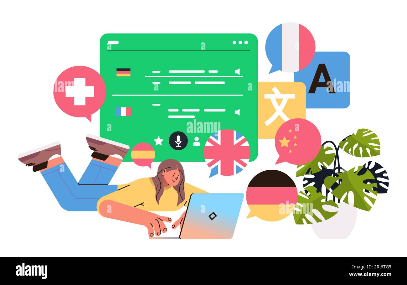 girl learning language on laptop online education e-learning concept ...