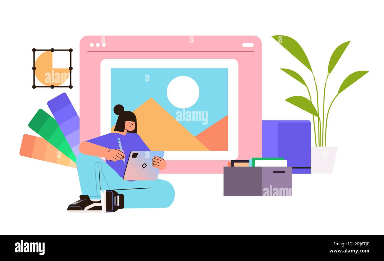 graphic design artist working on laptop woman designer creating logo ...