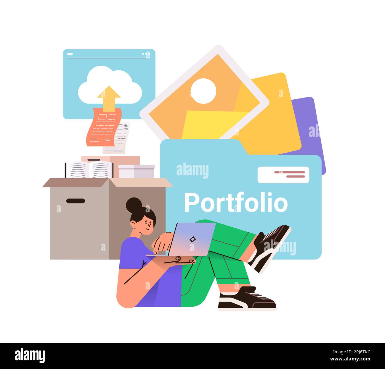 student girl working on laptop creating portfolio with different tools ...