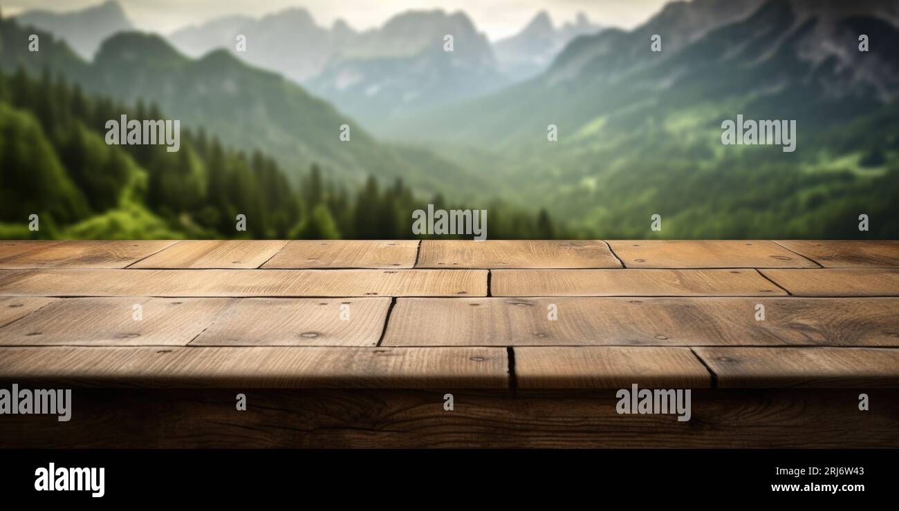 The empty wooden brown table top with blur background of trekking path ...