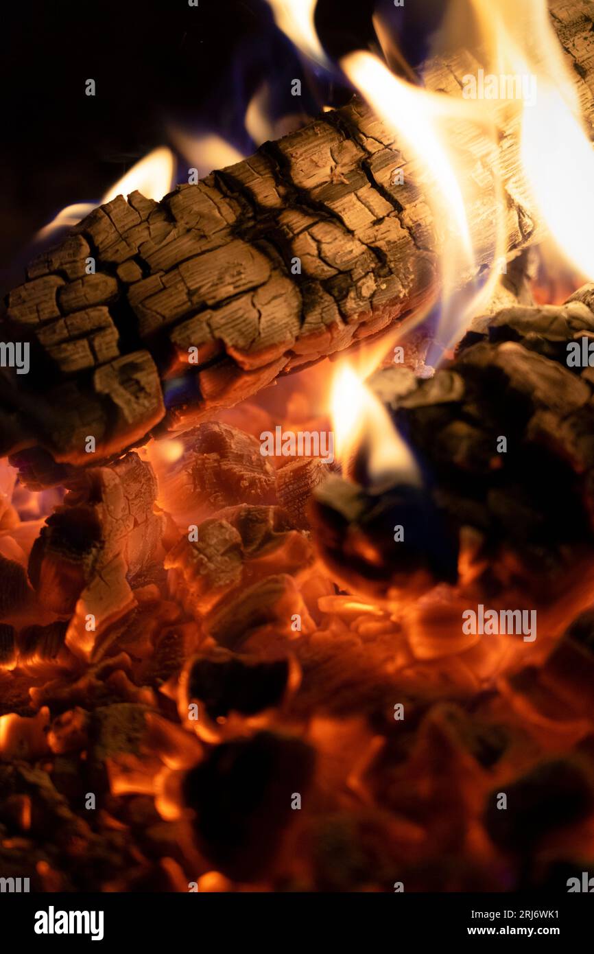 An idyllic outdoor scene featuring a firepit burning with a wood fire ...