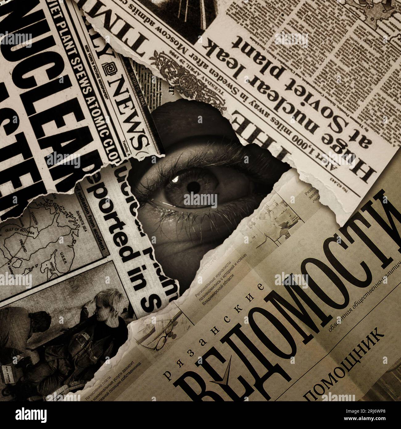 An eye showing underneath stacks of news papers with conflicting news ...