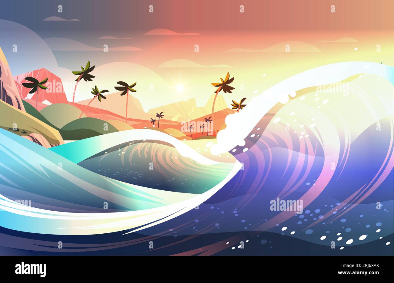 big sea or ocean wave with tropical island on background summer ...