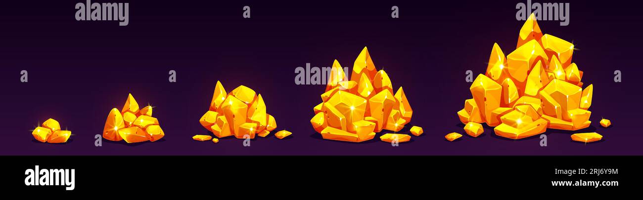 Gold nugget stone pile small and large game vector cartoon icon. Gem ...