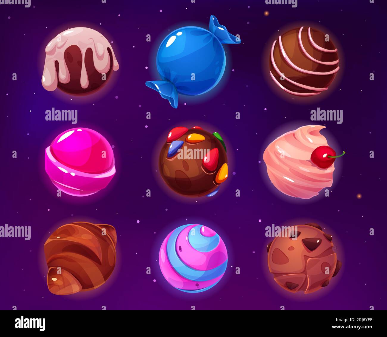 Fantasy candy planet in cartoon vector illustration set. Sweet dessert ...