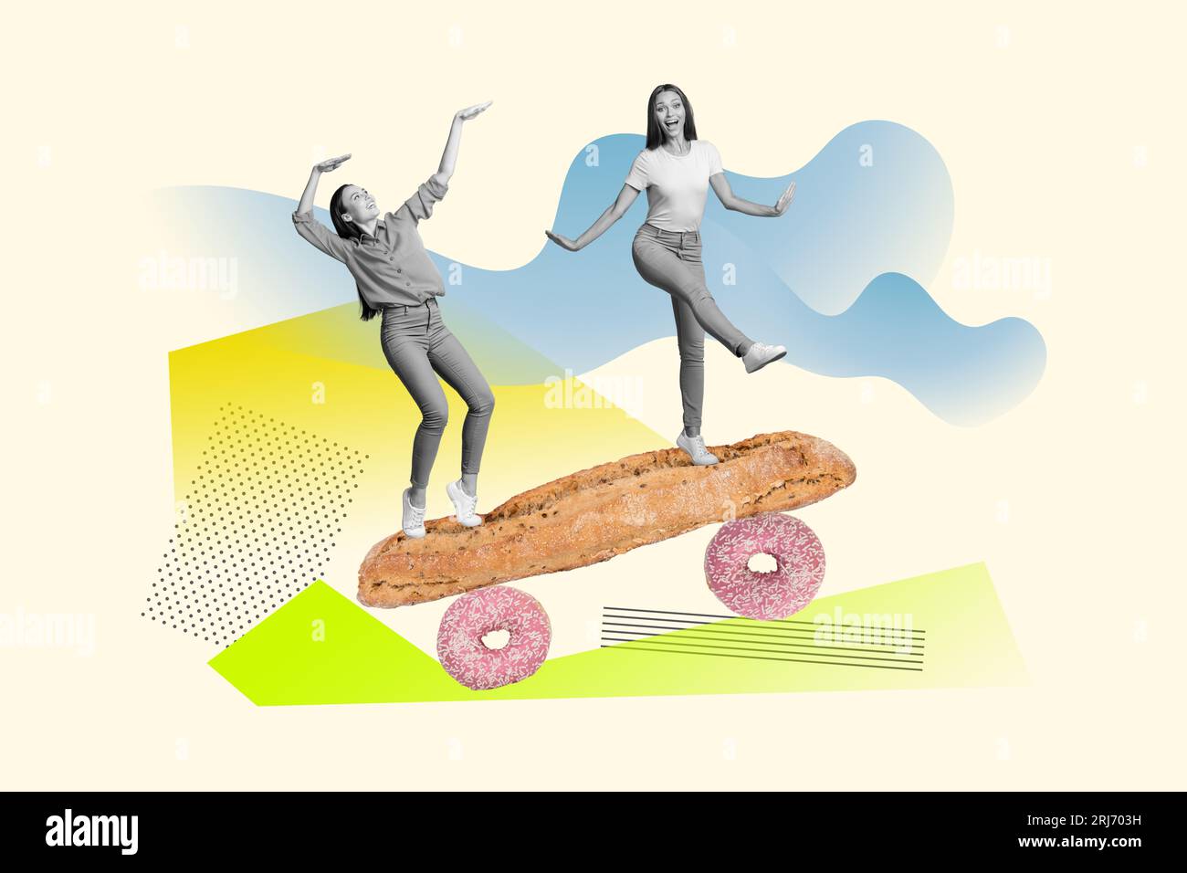 Creative abstract collage image two friends girls dancing chill riding ...