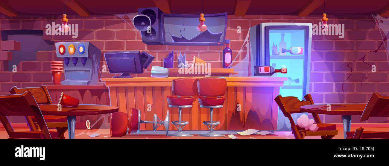 Broken down abandoned bar counter interior - damaged and closed pub or ...