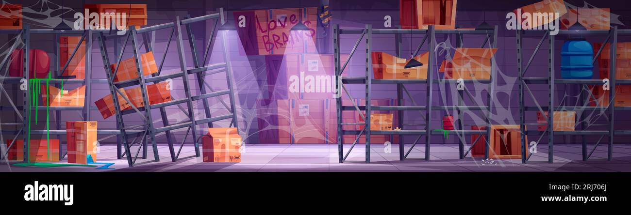 Abandoned factory box warehouse storage interior. Messy store stockroom ...