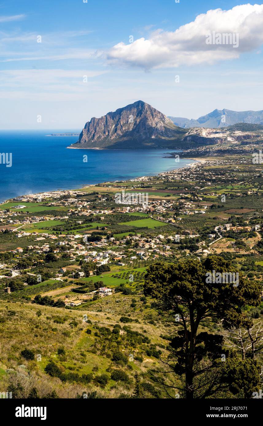 A wide view from Erice in Sicily down to the blue sea, beach, villages ...