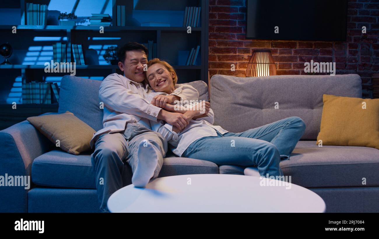 Happy multiracial diverse couple Asian man and Caucasian woman ...