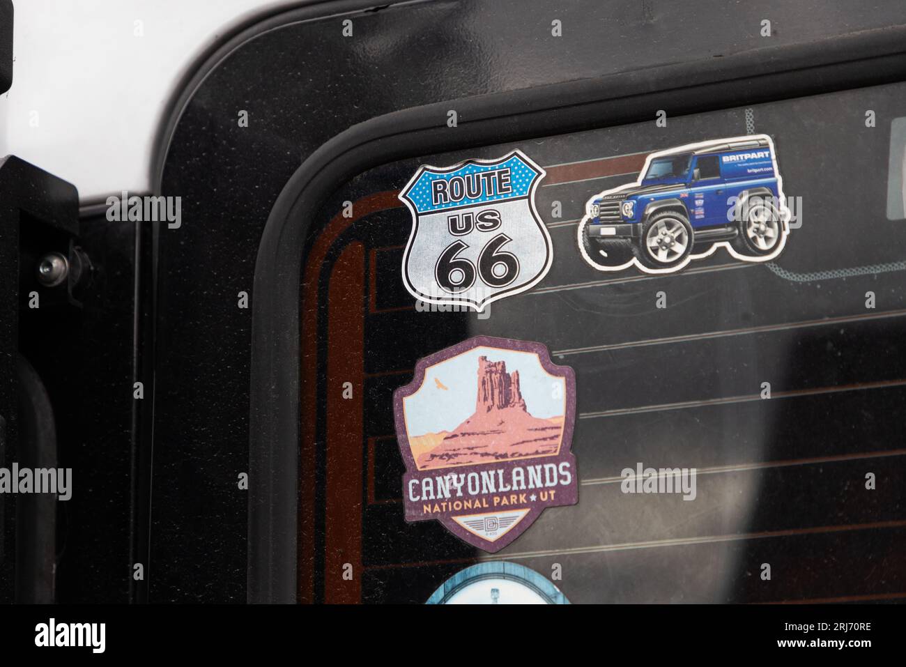 Signs and symbols, stickers on a car for Route 66 and Canyonlands ...