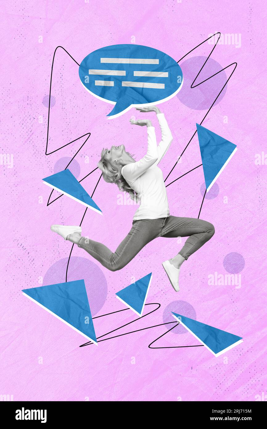 Vertical picture image collage artwork of funky woman raise hands up ...