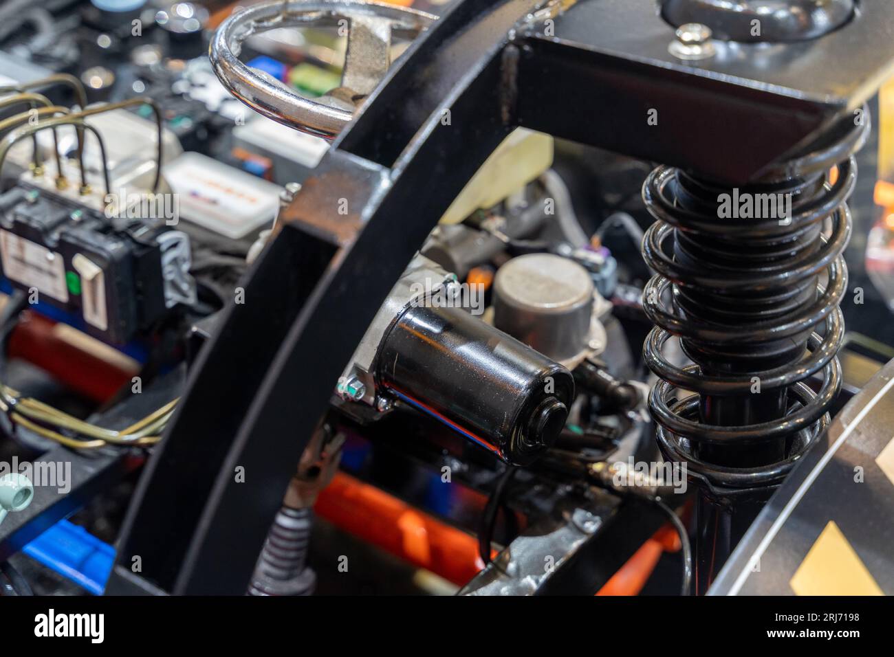 close up view of electronic car engine appliance with details. Ev car ...