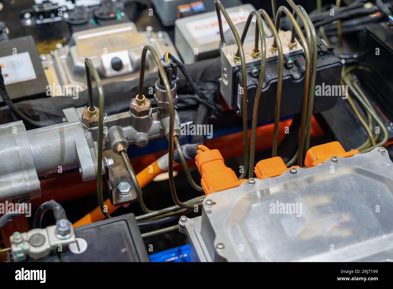 close up view of electronic car engine appliance with details. Ev car ...