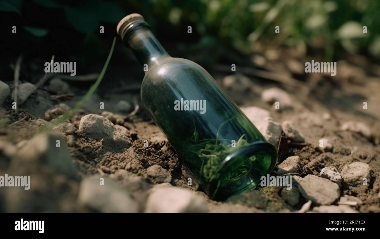 A close-up view of a clear glass bottle lying on the ground with a ...