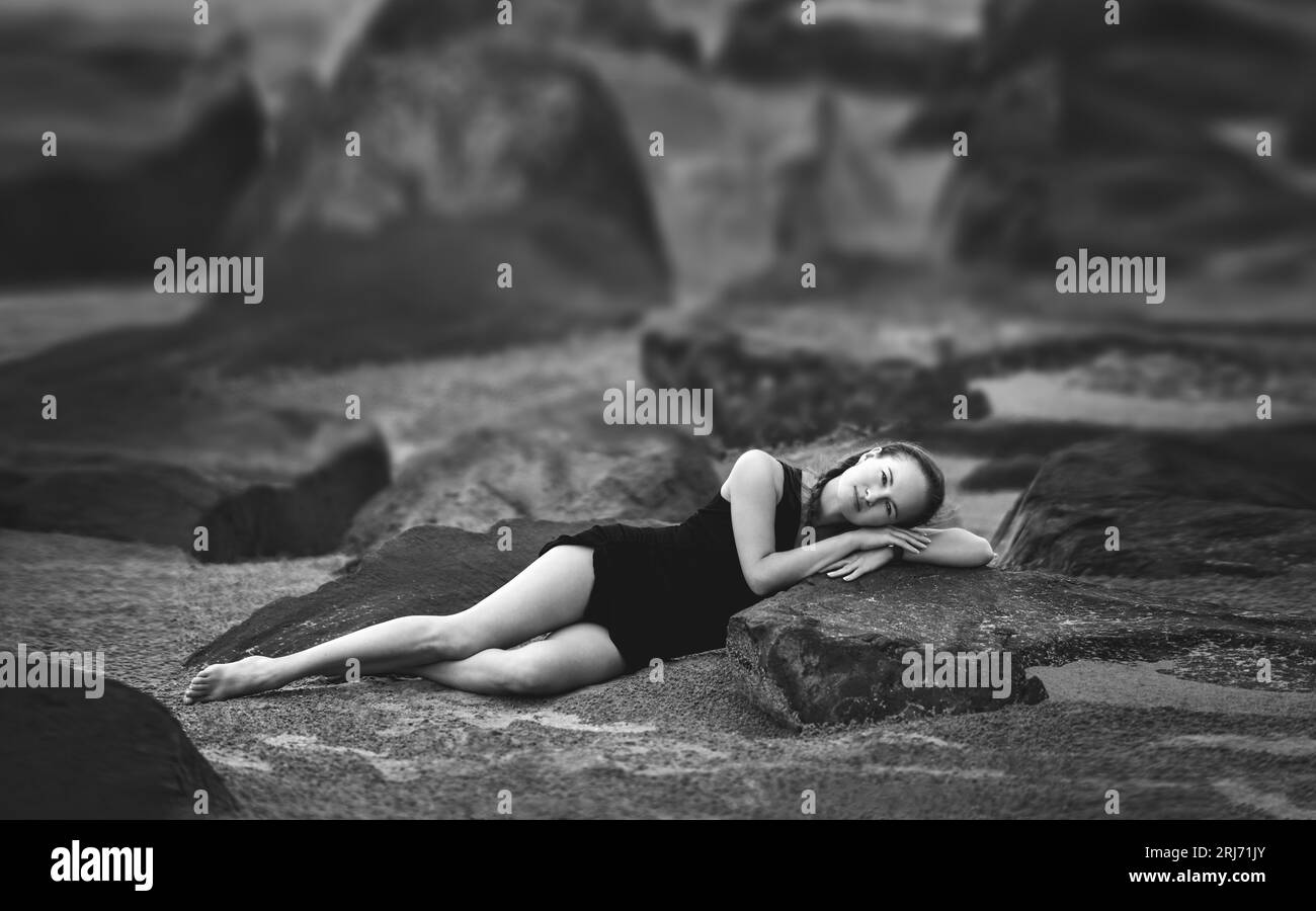 Beauty girl in white dress Black and White Stock Photos & Images - Alamy