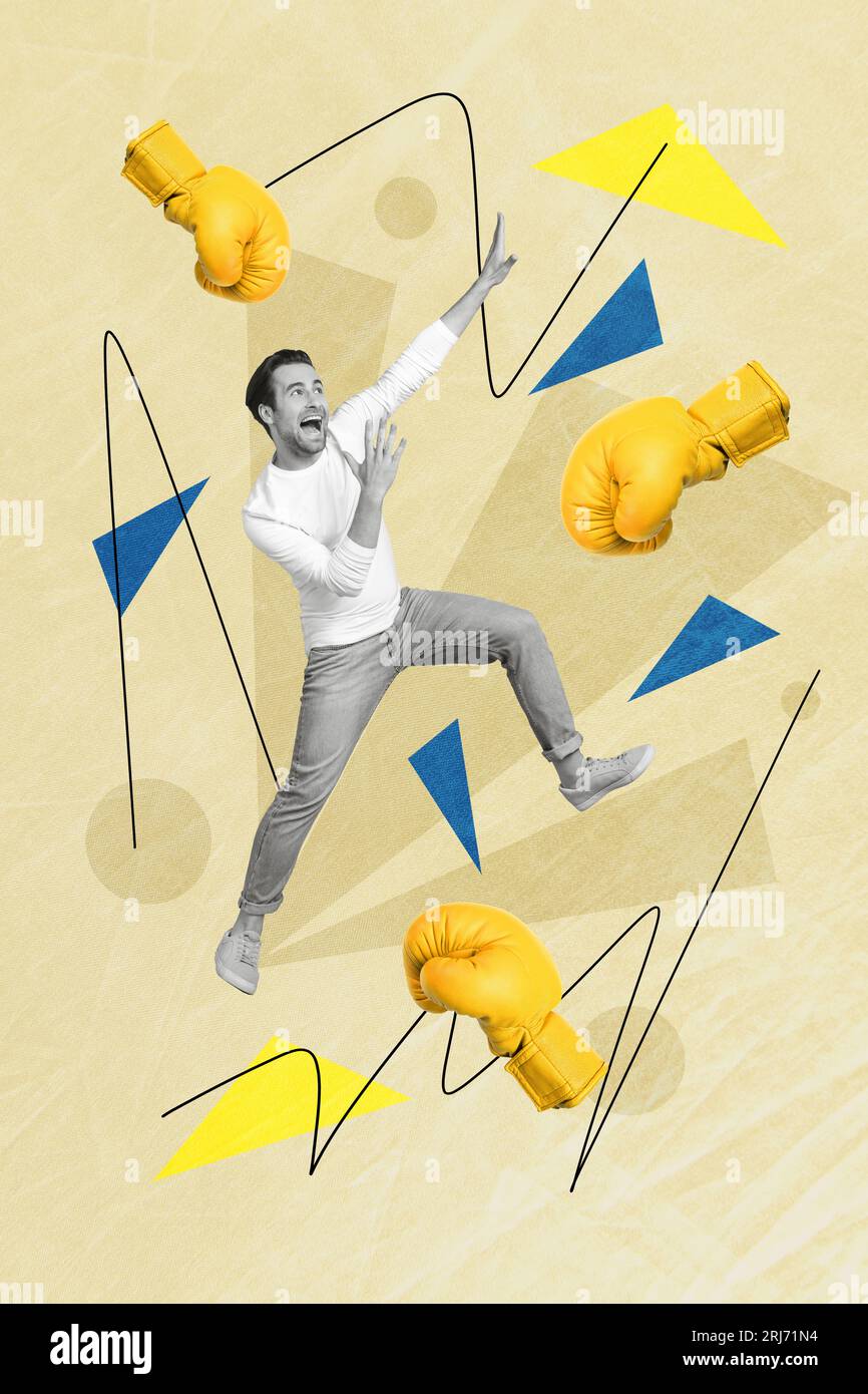 Photo collage of scared young man ukraine defend yellow gloves punch ...