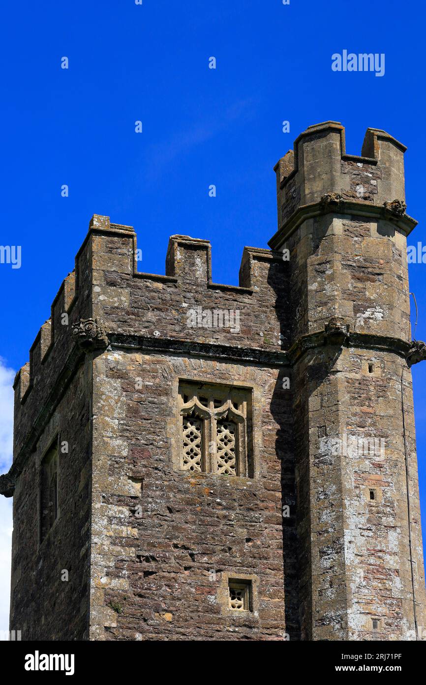 Tower detail with gargoyles, Church of St Steven & St Tathan, Caerwent ...