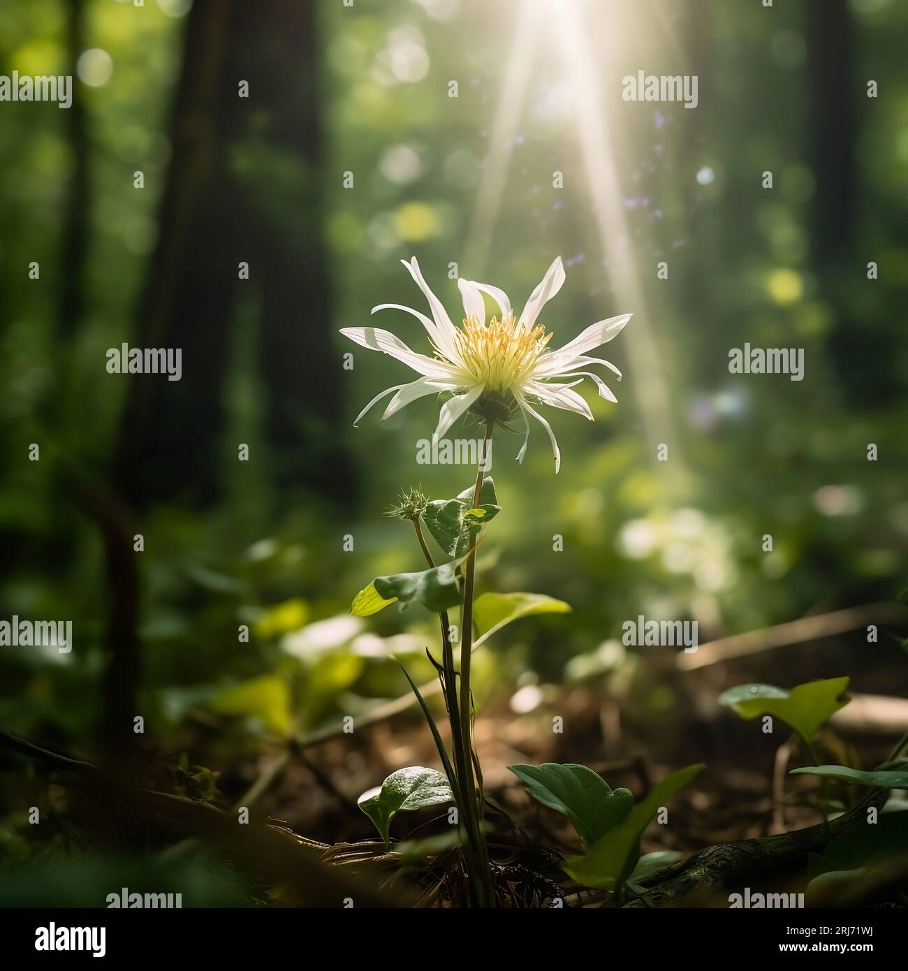 A single plant blooming in a forest floor setting, surrounded by ...