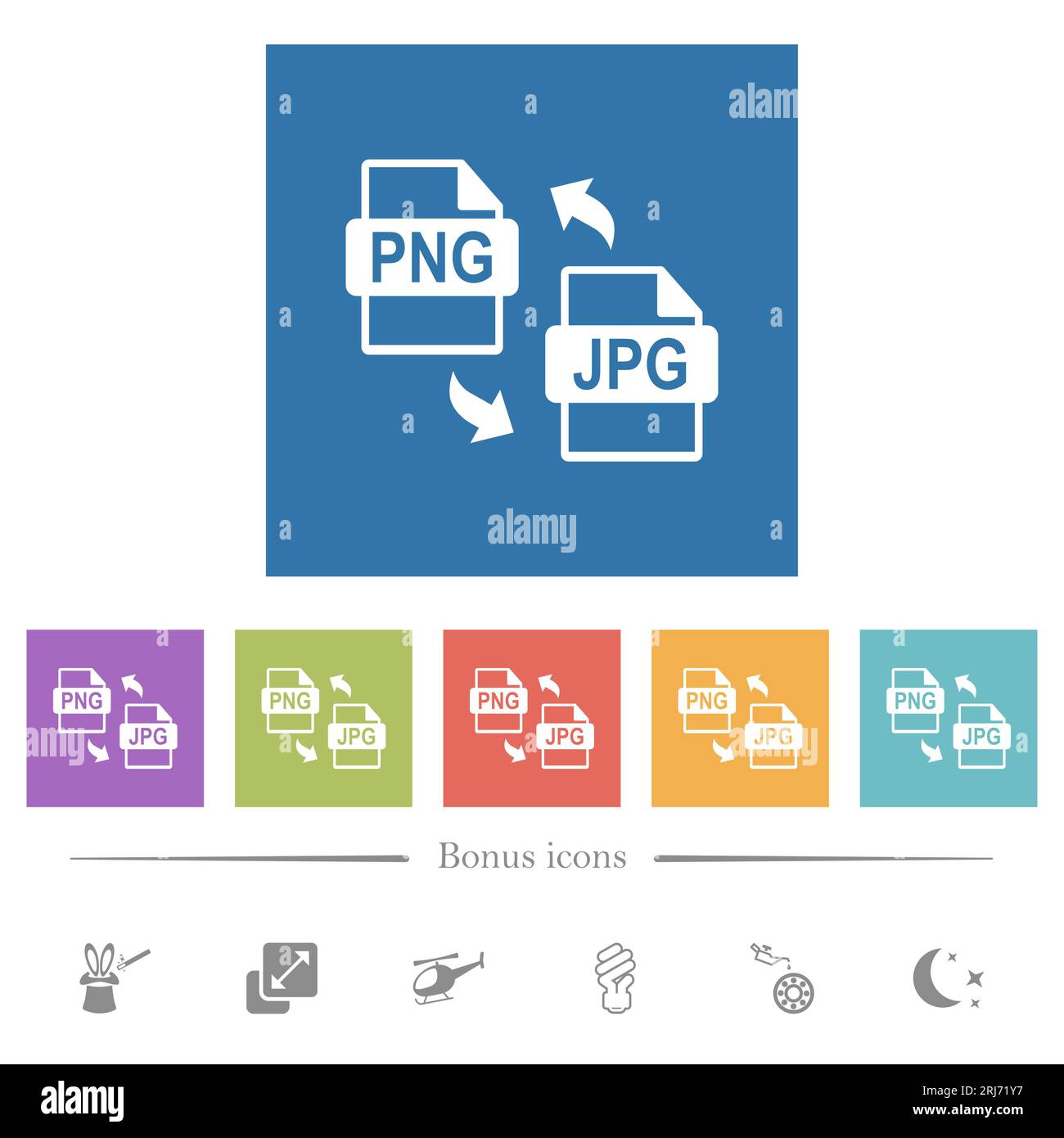 PNG JPG file conversion flat white icons in square backgrounds. 6 bonus ...