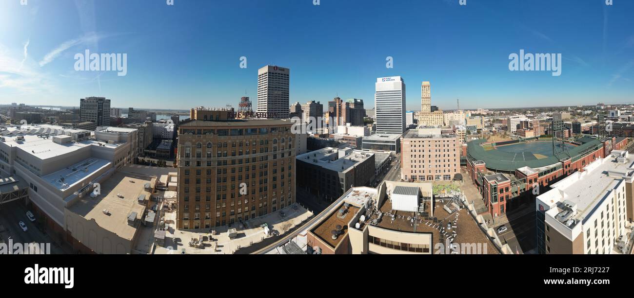 Aerial view of the bustling city skyline, featuring tall skyscrapers ...