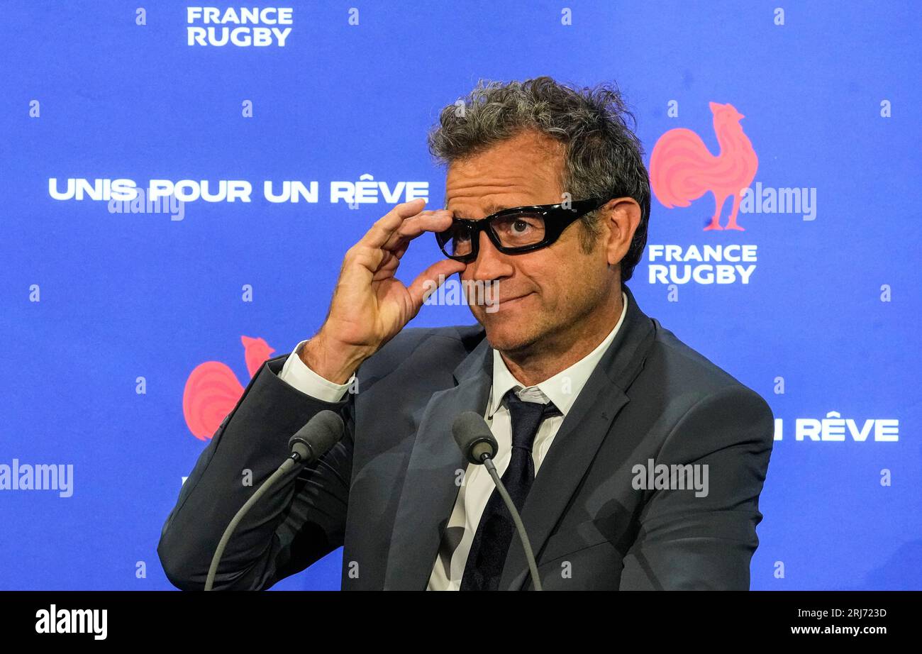 French head coach Fabien Galthie adjusts his glasses as he speaks ...