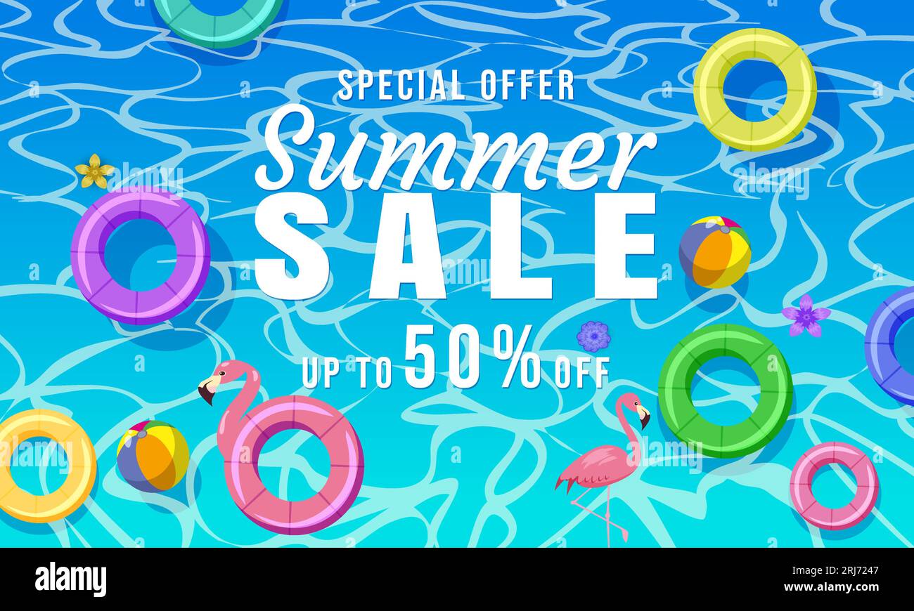 Summer Sale background banner template. Swimming tiled pool, blue water ...